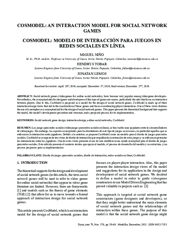 (PDF) Cosmodel: Modelo De Interacción Para Juegos en Redes Sociales en Línea