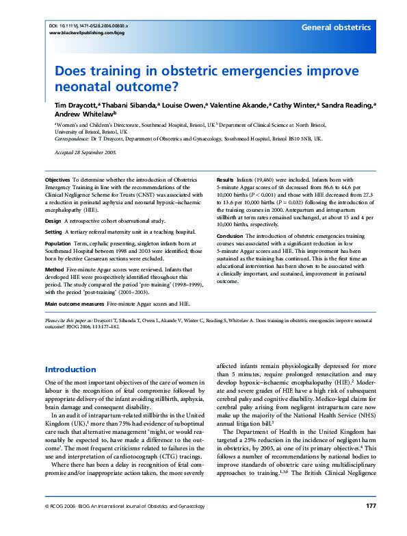 (PDF) Does training in obstetric emergencies improve neonatal outcome?