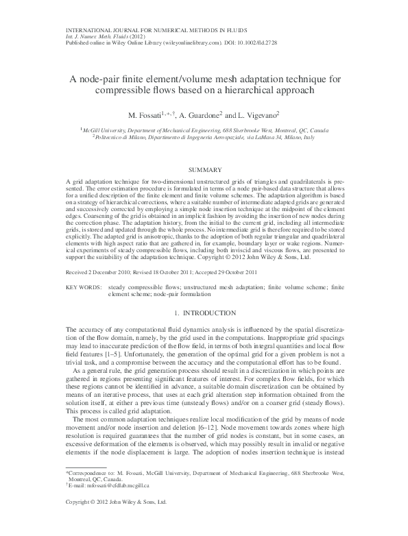 Pdf A Node‐pair Finite Elementvolume Mesh Adaptation Technique For Compressible Flows Based 0066