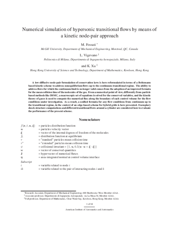 (PDF) Numerical simulation of hypersonic transitional flows by means of a kinetic node-pair approach
