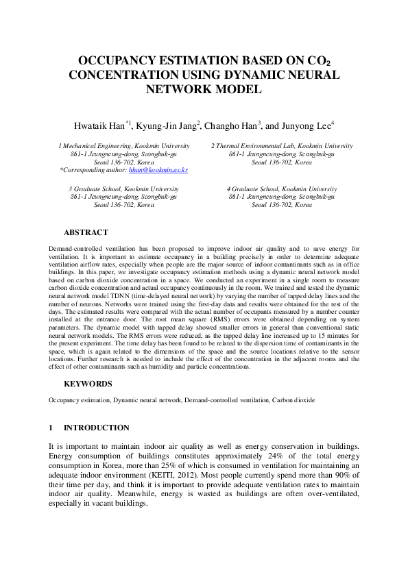 (PDF) Occupancy Estimation Based on Co 2 Concentration Using Dynamic Neural Network Model