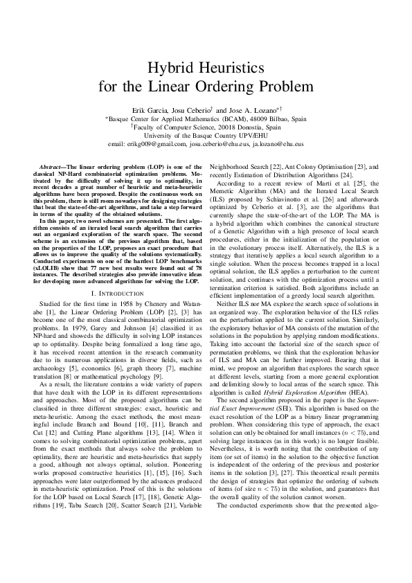 Pdf Hybrid Heuristics For The Linear Ordering Problem Erik Yeison Mamani Garcia