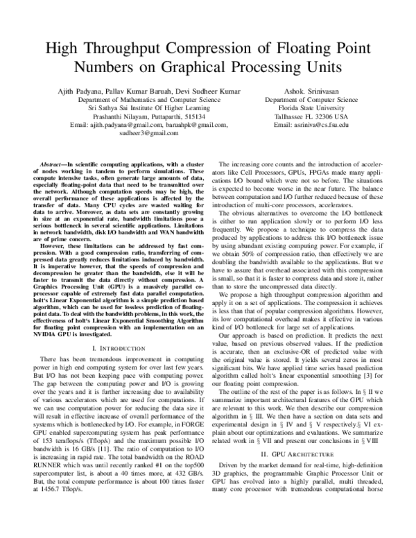 Pdf High Throughput Compression Of Floating Point Numbers On Graphical Processing Units