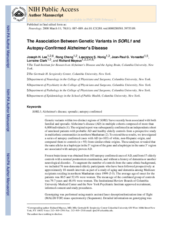 (PDF) Association Between Genetic Variants in SORL1 and Autopsy ...