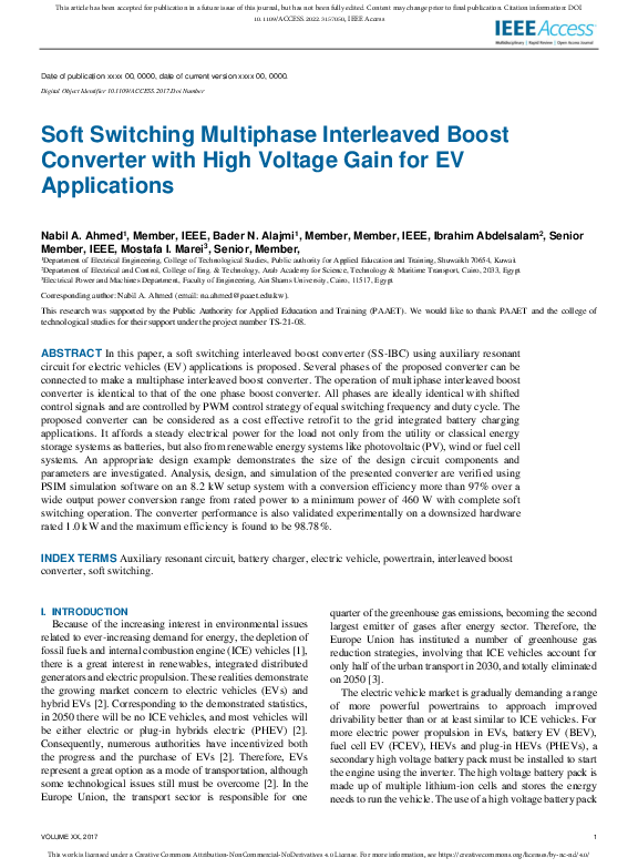 (PDF) Soft Switching Multiphase Interleaved Boost Converter with High Voltage Gain for EV ...