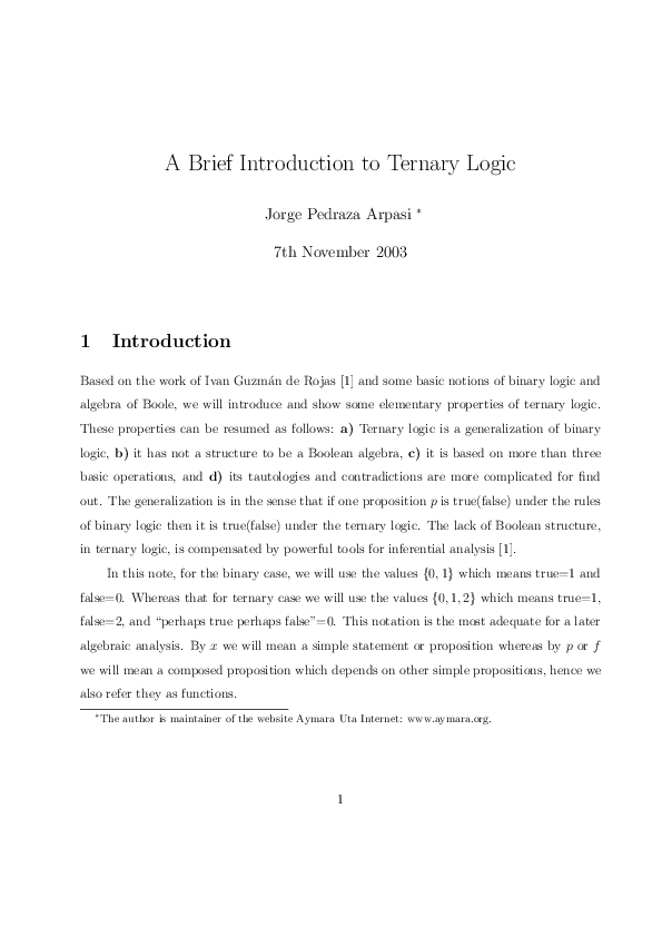 (PDF) A Brief Introduction to Ternary Logic