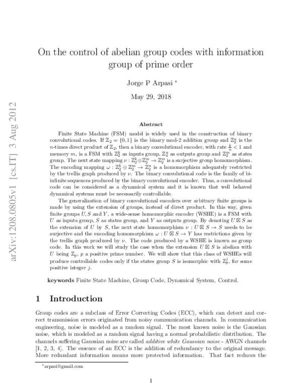 (PDF) On the control of abelian group codes with information group of prime order