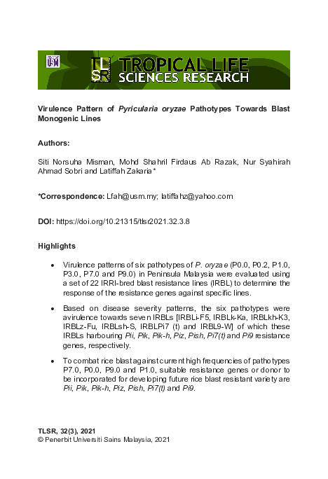 (PDF) Virulence Pattern of Pyricularia oryzae Pathotypes Towards Blast ...