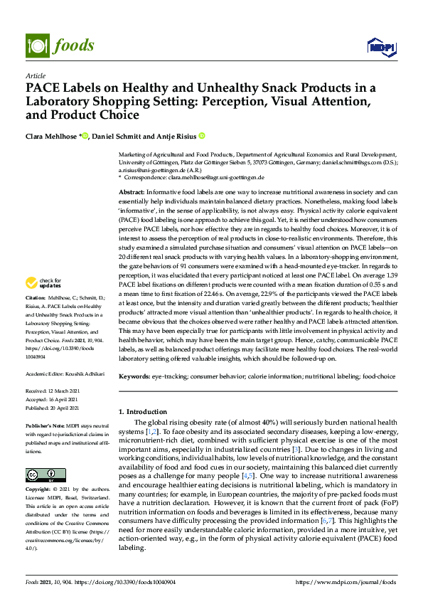 (PDF) PACE Labels on Healthy and Unhealthy Snack Products in a ...