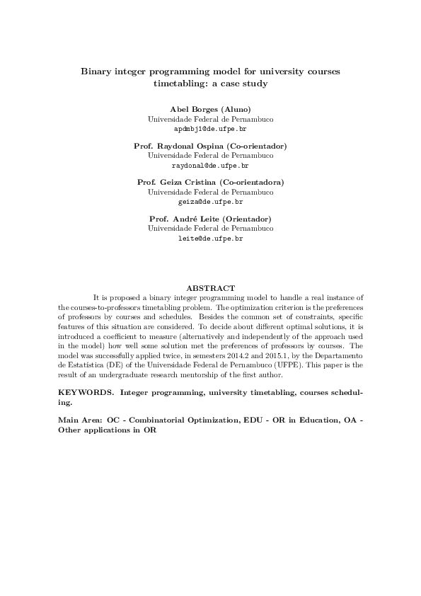 (PDF) Binary integer programming model for university courses timetabling: a case study