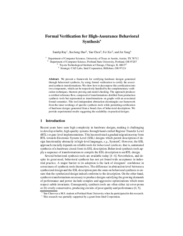 (PDF) Formal Verification for High-Assurance Behavioral Synthesis
