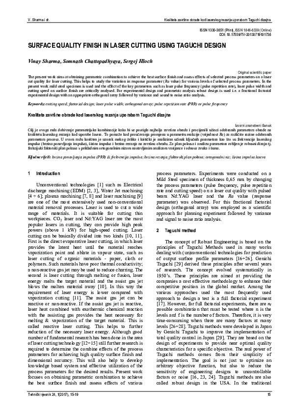 Pdf Surface Quality Finish In Laser Cutting Using Taguchi Design