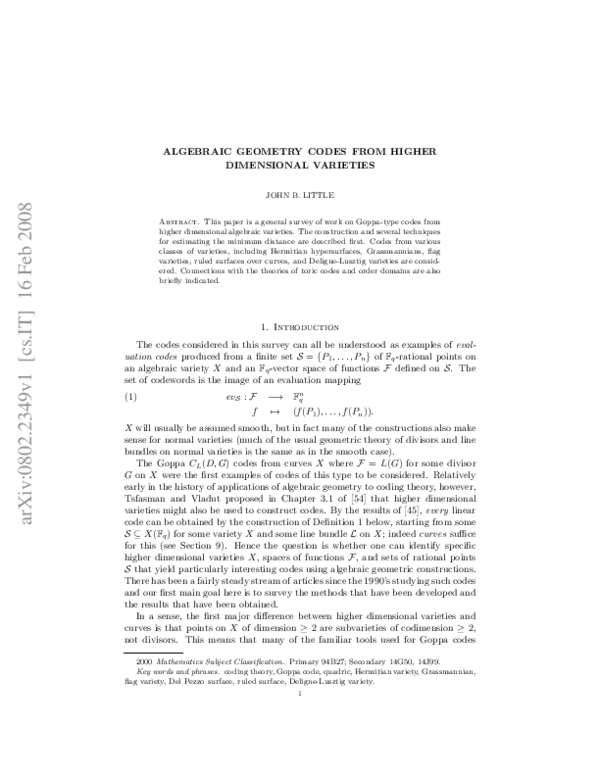 (PDF) Algebraic Geometry Codes from Higher Dimensional Varieties