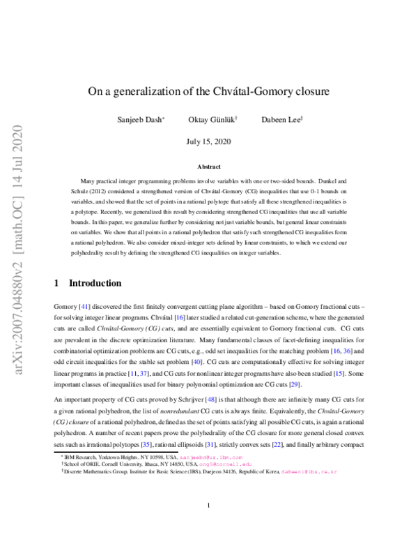 (PDF) On a generalization of the Chvátal–Gomory closure | Dabeen Lee ...