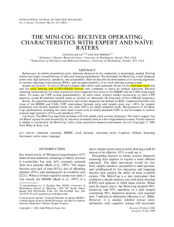 (PDF) The Mini-Cog: receiver operating characteristics with expert and ...