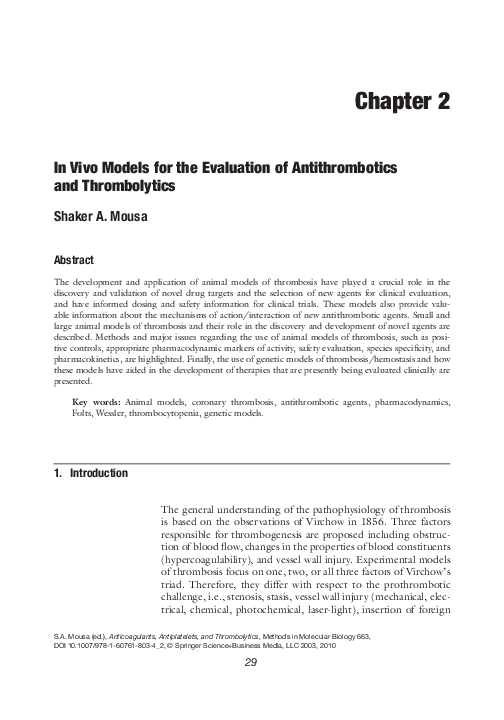(PDF) In vivo models for the evaluation of antithrombotics and ...