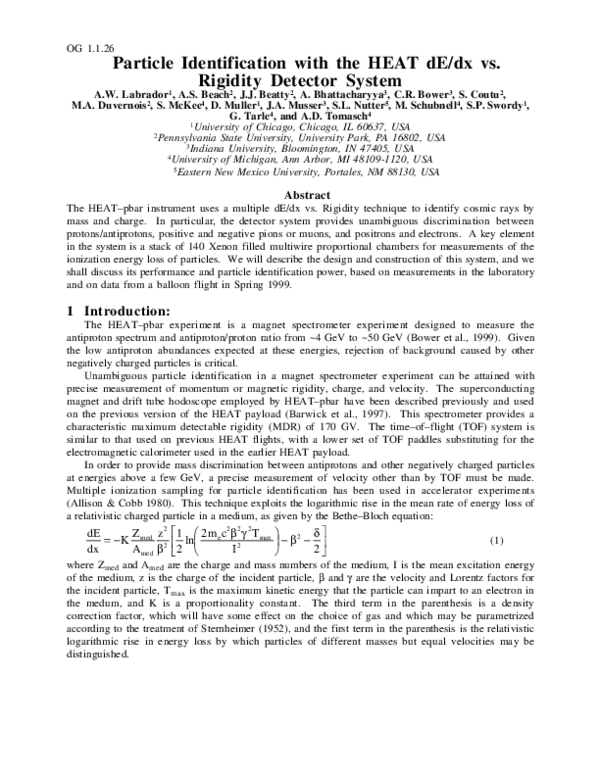 (PDF) Particle Identification with the HEAT dE/dx vs. Rigidity Detector System | Shawn McKee ...