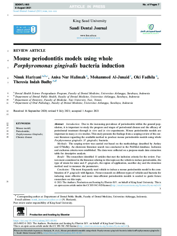 (PDF) Mouse periodontitis models using whole Porphyromonas gingivalis ...