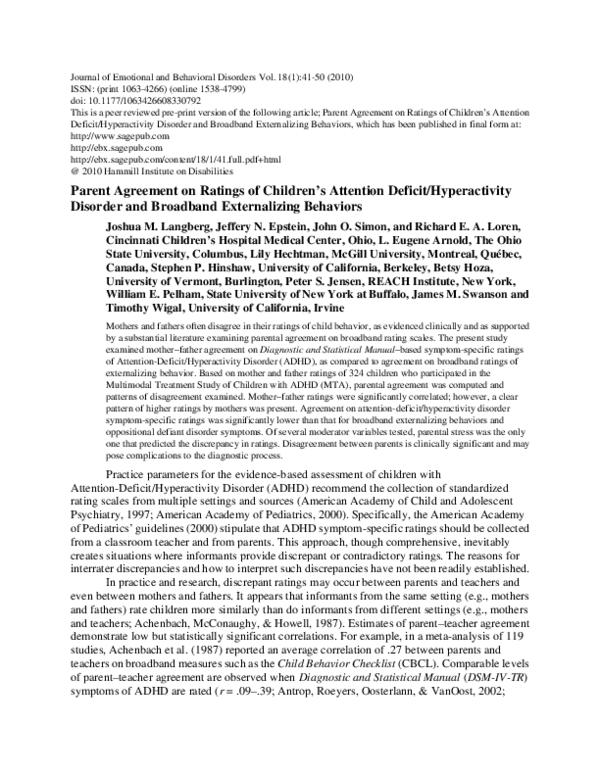 (PDF) Parent Agreement on Ratings of Children’s Attention Deficit/Hyperactivity Disorder and ...