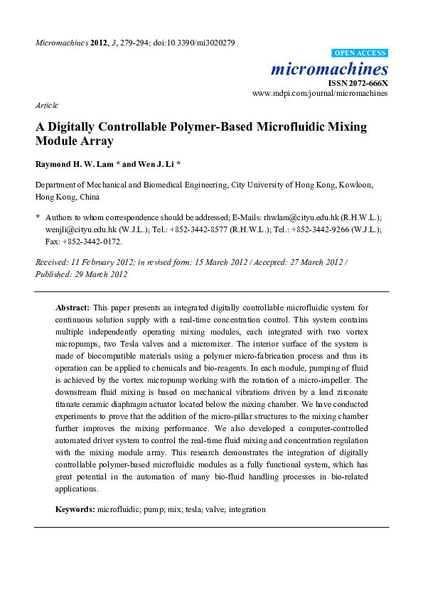 (PDF) A Digitally Controllable Polymer-Based Microfluidic Mixing Module Array