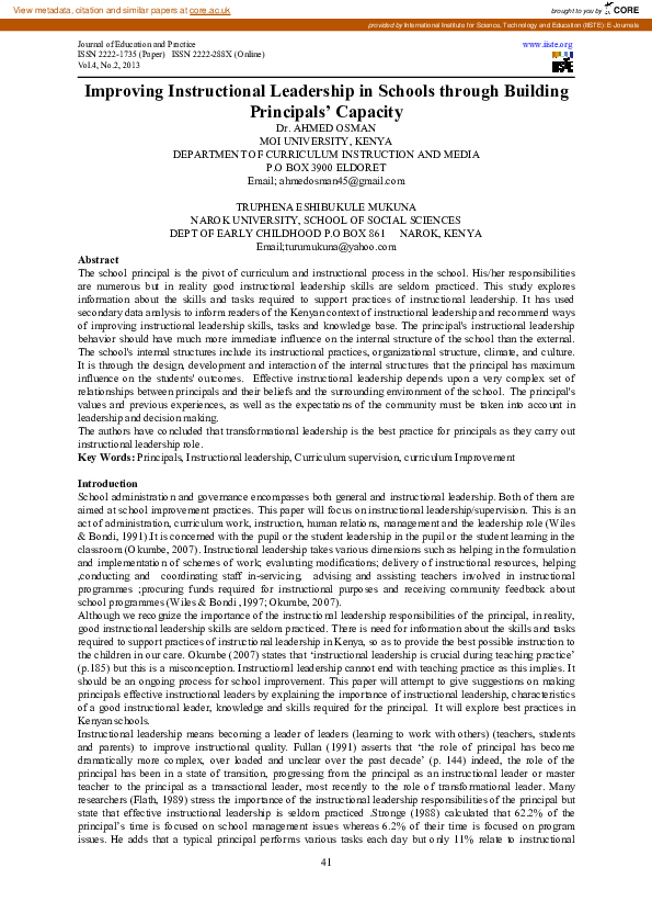 (PDF) Improving Instructional Leadership in Schools through Building Principals ’ Capacity