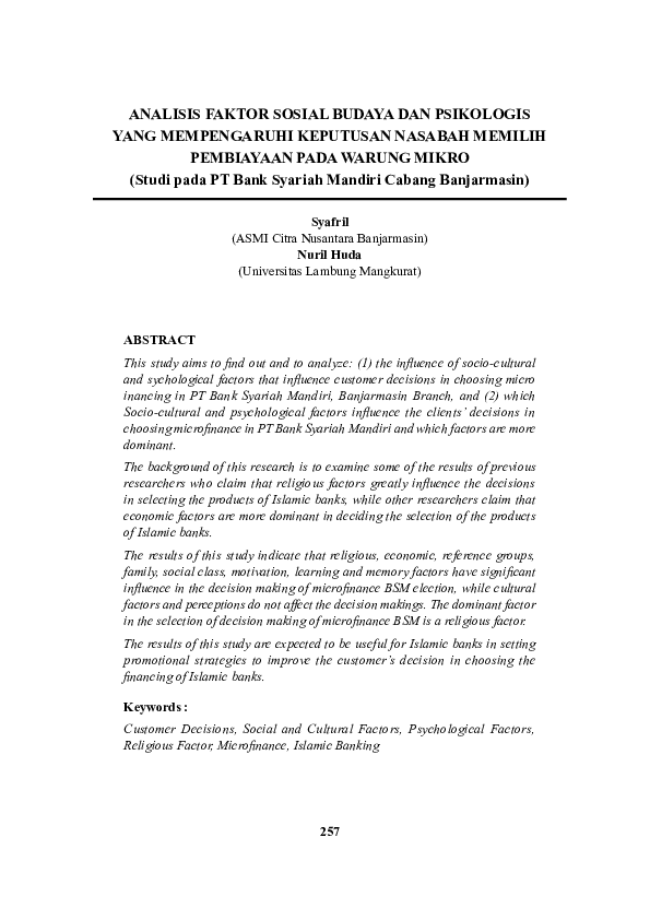 (PDF) ANALISIS FAKTOR SOSIAL BUDAYA DAN PSIKOLOGIS YANG MEMPENGARUHI KEPUTUSAN NASABAH MEMILIH ...