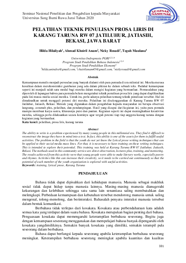 (PDF) Pelatihan Teknik Penulisan Prosa Liris DI Karang Taruna RW 07 Jatiluhur, Jatiasih, Bekasi ...