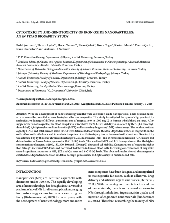 (PDF) Cytotoxicity and genotoxicity of iron oxide nanoparticles: An in ...