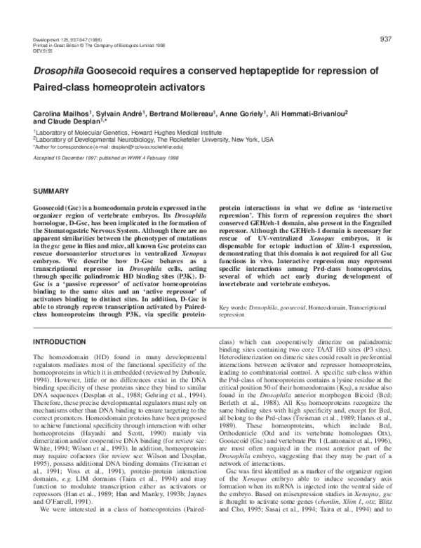 (PDF) Drosophila Goosecoid requires a conserved heptapeptide for ...