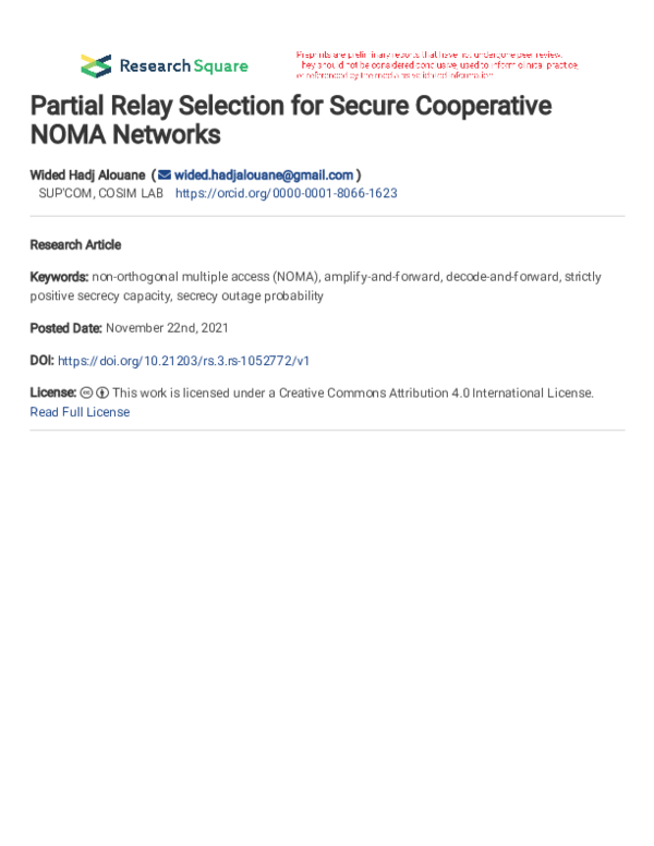 (PDF) Partial Relay Selection for Secure Cooperative NOMA Networks | Wided Hadj Alouane ...