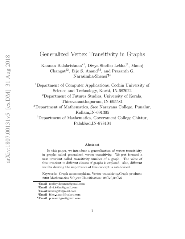 (PDF) Generalized Vertex Transitivity and Its Invariants in Graphs
