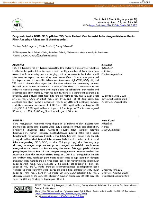 (PDF) Pengaruh Kadar Bod Cod PH Dan TSS Pada Limbah Cair Industri Tahu Dengan Metode Media ...