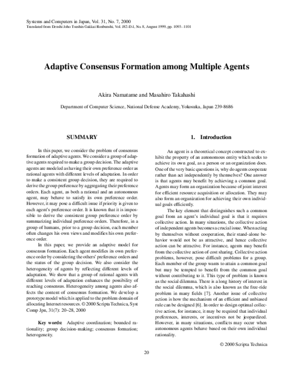 (PDF) Adaptive consensus formation among multiple agents