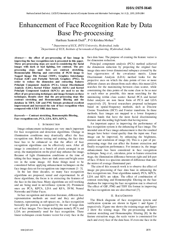 (PDF) Enhancement of Face Recognition Rate by Data Base Pre-processing