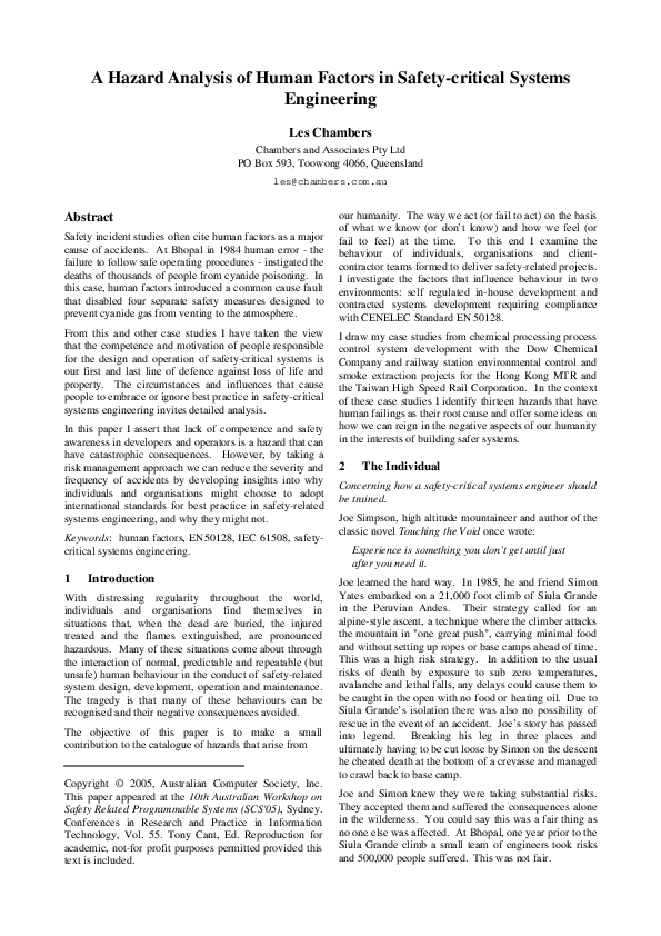 (PDF) A hazard analysis of human factors in safety-critical systems ...