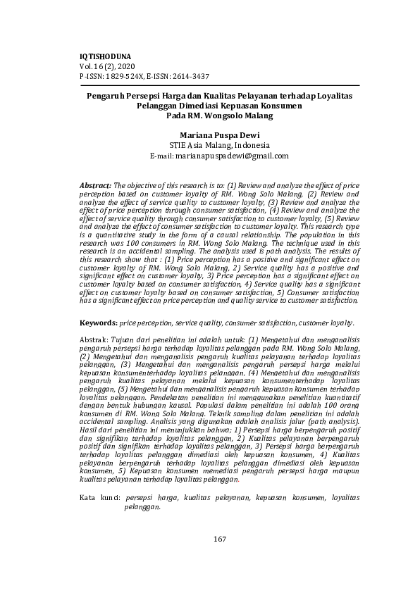 (PDF) Pengaruh Persepsi Harga dan Kualitas Pelayanan terhadap Loyalitas Pelanggan Dimediasi ...