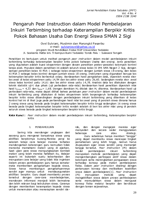 (PDF) Pengaruh Peer Instruction dalam Model Pembelajaran Inkuiri Terbimbing terhadap ...