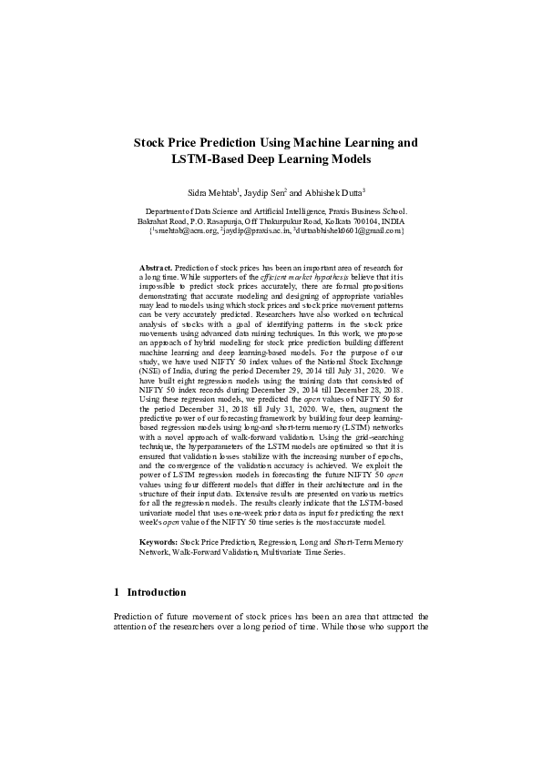 Pdf Stock Price Prediction Using Machine Learning And Lstm Based Deep Learning Models