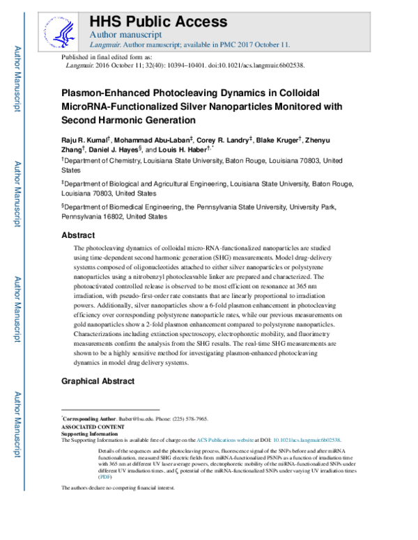 (PDF) Plasmon-Enhanced Photocleaving Dynamics in Colloidal MicroRNA-Functionalized Silver ...