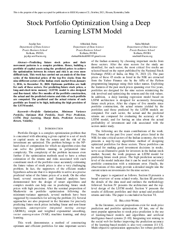 (PDF) Stock Portfolio Optimization Using a Deep Learning LSTM Model