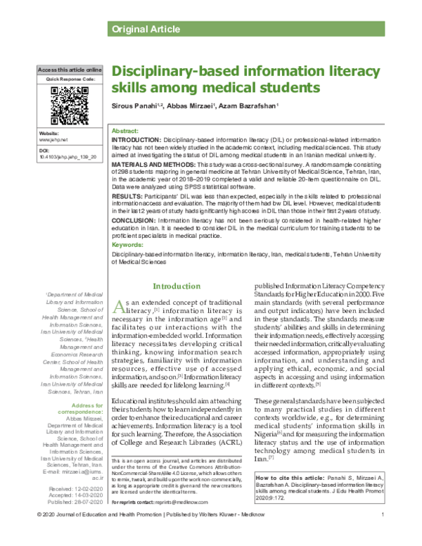 (PDF) Disciplinary-based information literacy skills among medical students