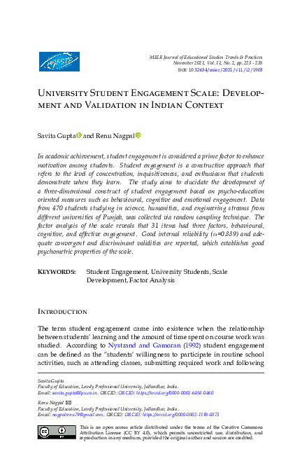 (PDF) University Student Engagement Scale: Development and Validation ...