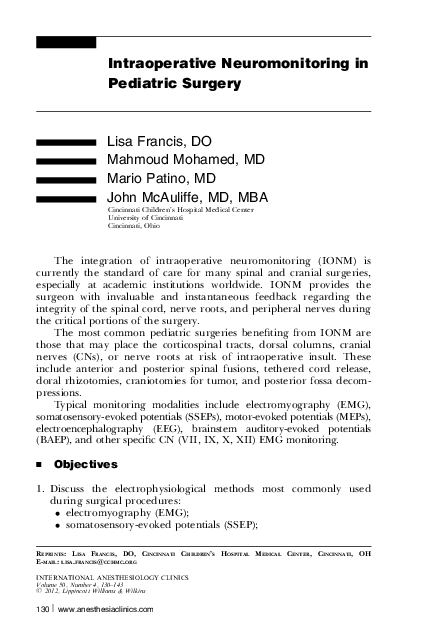 (PDF) Intraoperative neuromonitoring in pediatric surgery