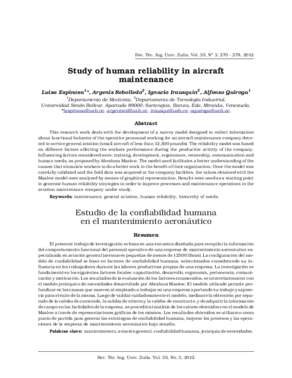(PDF) Study of human reliability in aircraft maintenance