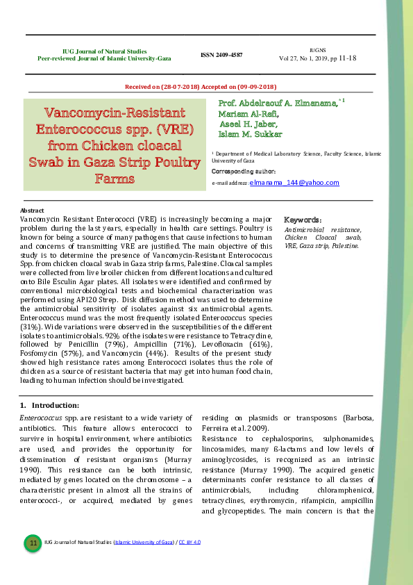 (PDF) Vancomycin-Resistant Enterococcus spp. (VRE) from Chicken cloacal ...