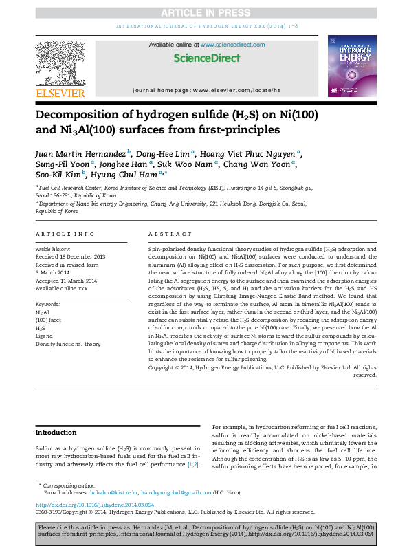 (PDF) Decomposition of hydrogen sulfide (H2S) on Ni(100) and Ni3Al(100 ...