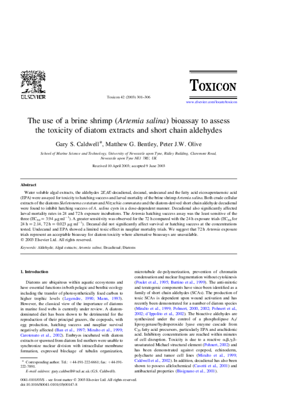 (PDF) The use of a brine shrimp (Artemia salina) bioassay to assess the ...