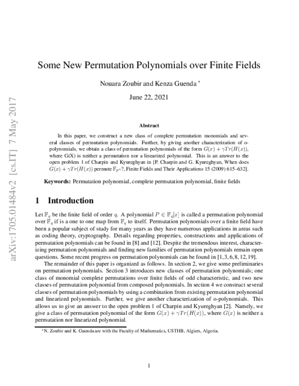 Pdf Some New Permutation Polynomials Over Finite Fields