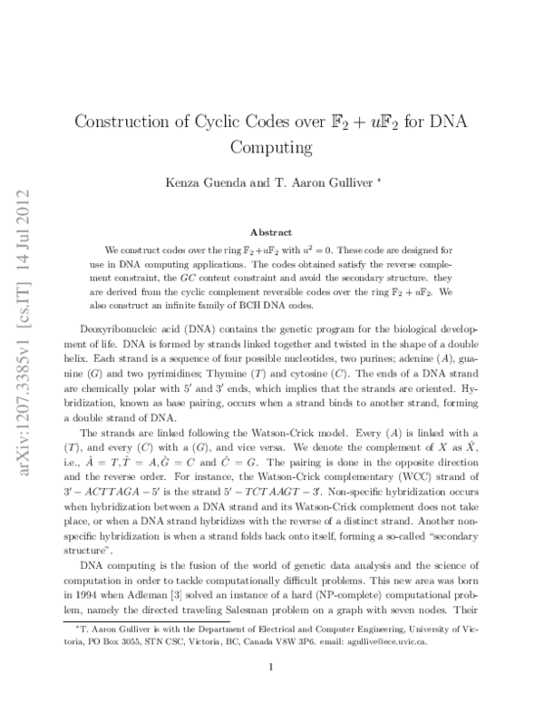 (PDF) 2 Construction of Cyclic Codes over F2 + uF2 for DNA Computing