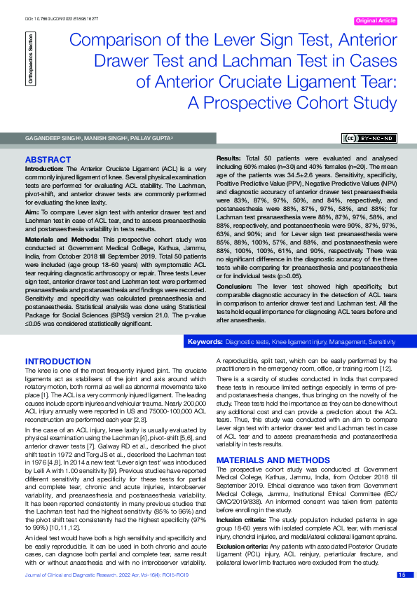 (PDF) Comparison of the Lever Sign Test, Anterior Drawer Test and ...